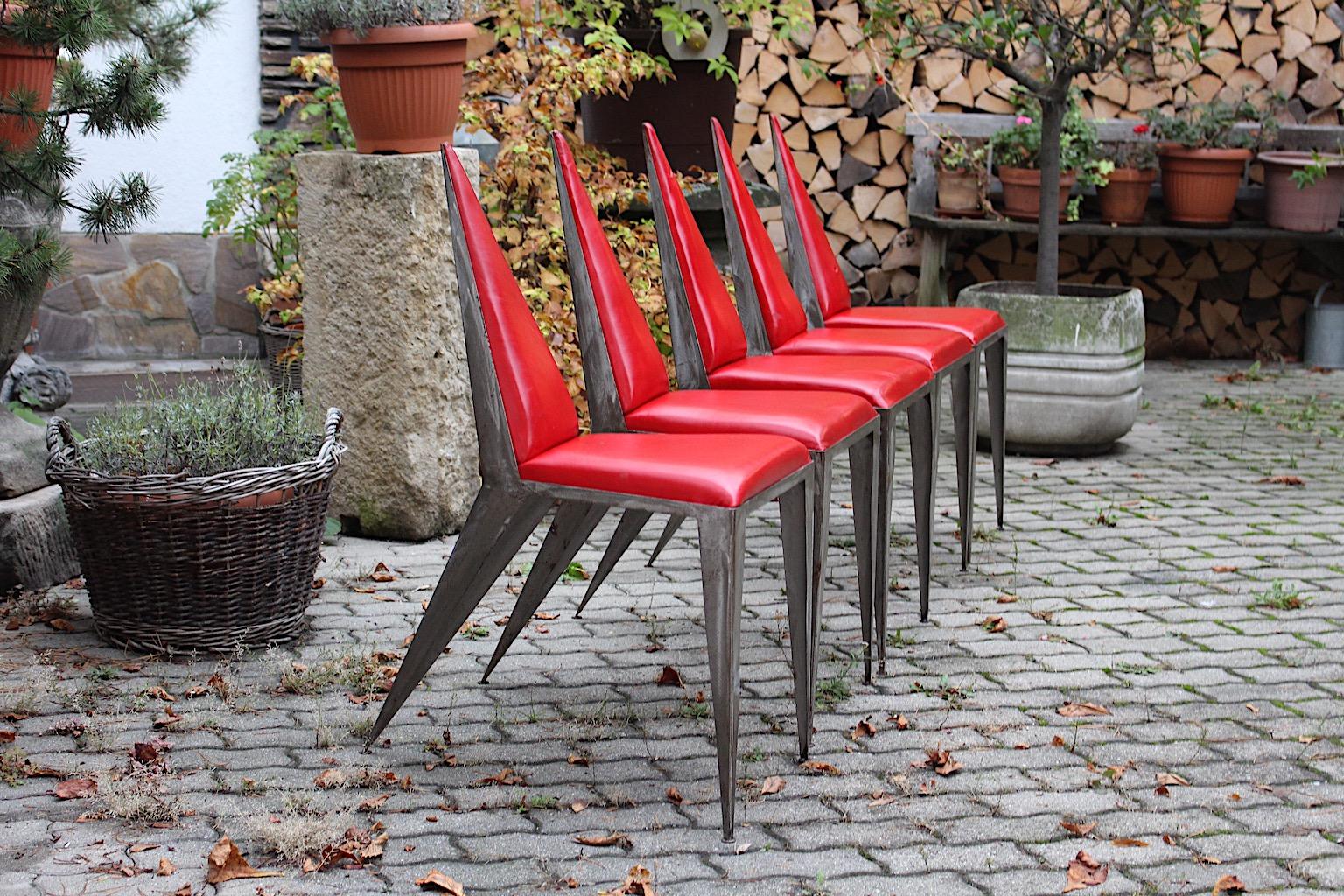 Red Leather Iron Vintage Geometric Dining Chairs or Chairs Modern 1960s ...