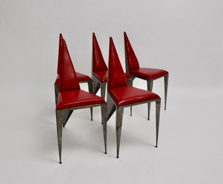 Red Leather Iron Vintage Geometric Dining Chairs or Chairs Modern 1960s ...
