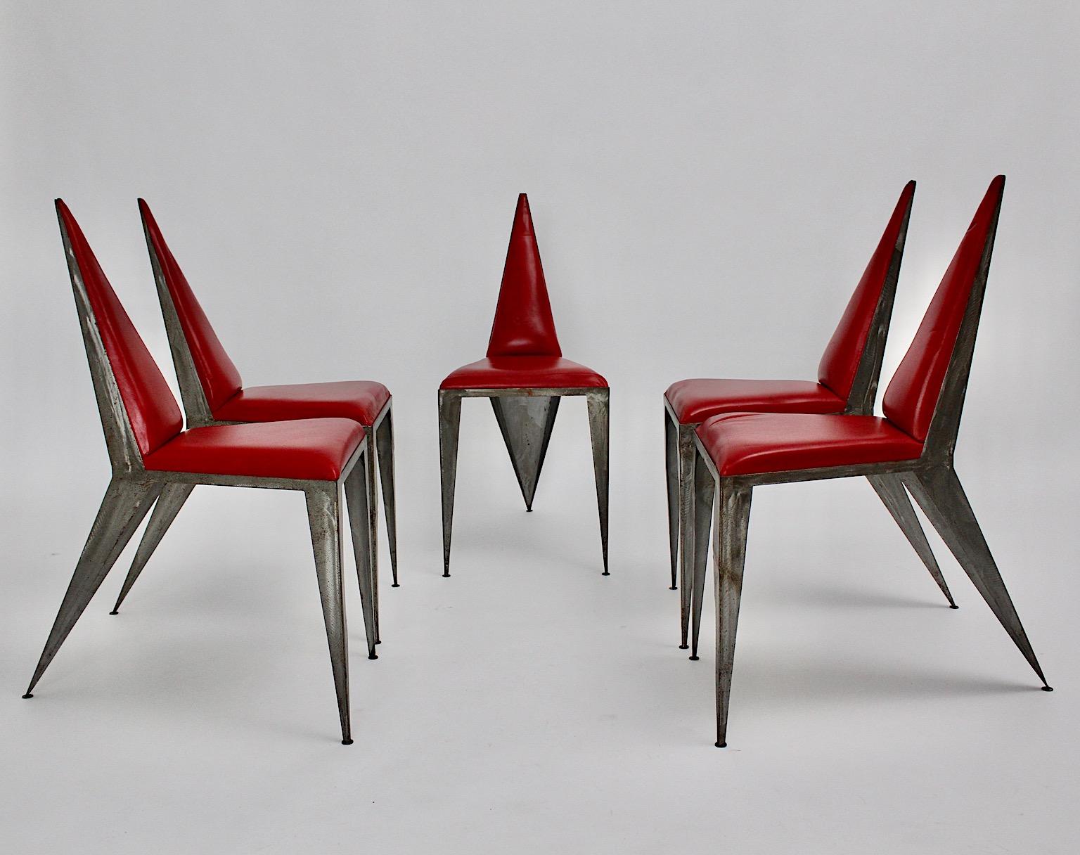 Red Leather Iron Vintage Geometric Dining Chairs or Chairs Modern 1960s ...