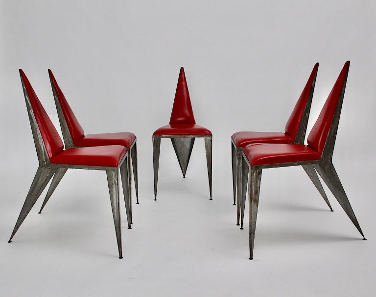 Red Leather Iron Vintage Geometric Dining Chairs or Chairs Modern 1960s ...