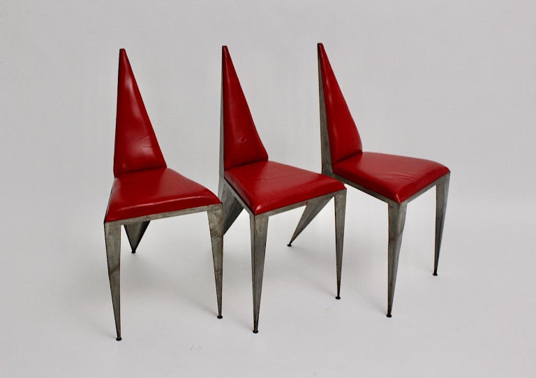 Red Leather Iron Vintage Geometric Dining Chairs or Chairs Modern 1960s ...