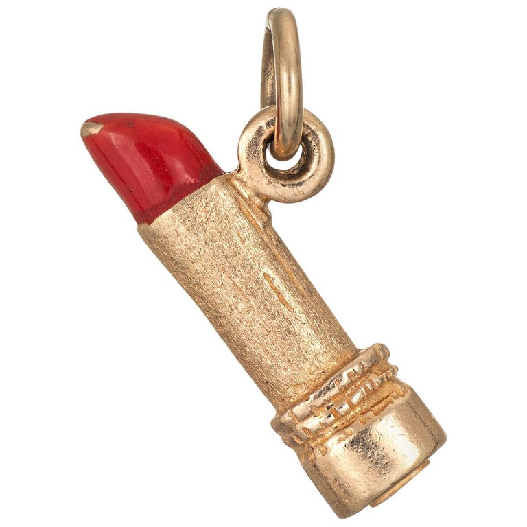 Red Lipstick Charm 14 Karat Yellow Gold Lippy Estate Pendant Make Up ...