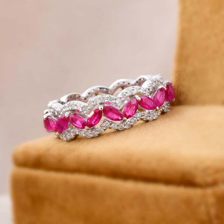 Red Marquise Gemstone Band Ring Pave Diamond 18 Karat White Gold Fine ...