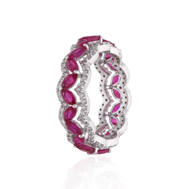 Red Marquise Gemstone Band Ring Pave Diamond 18 Karat White Gold Fine ...