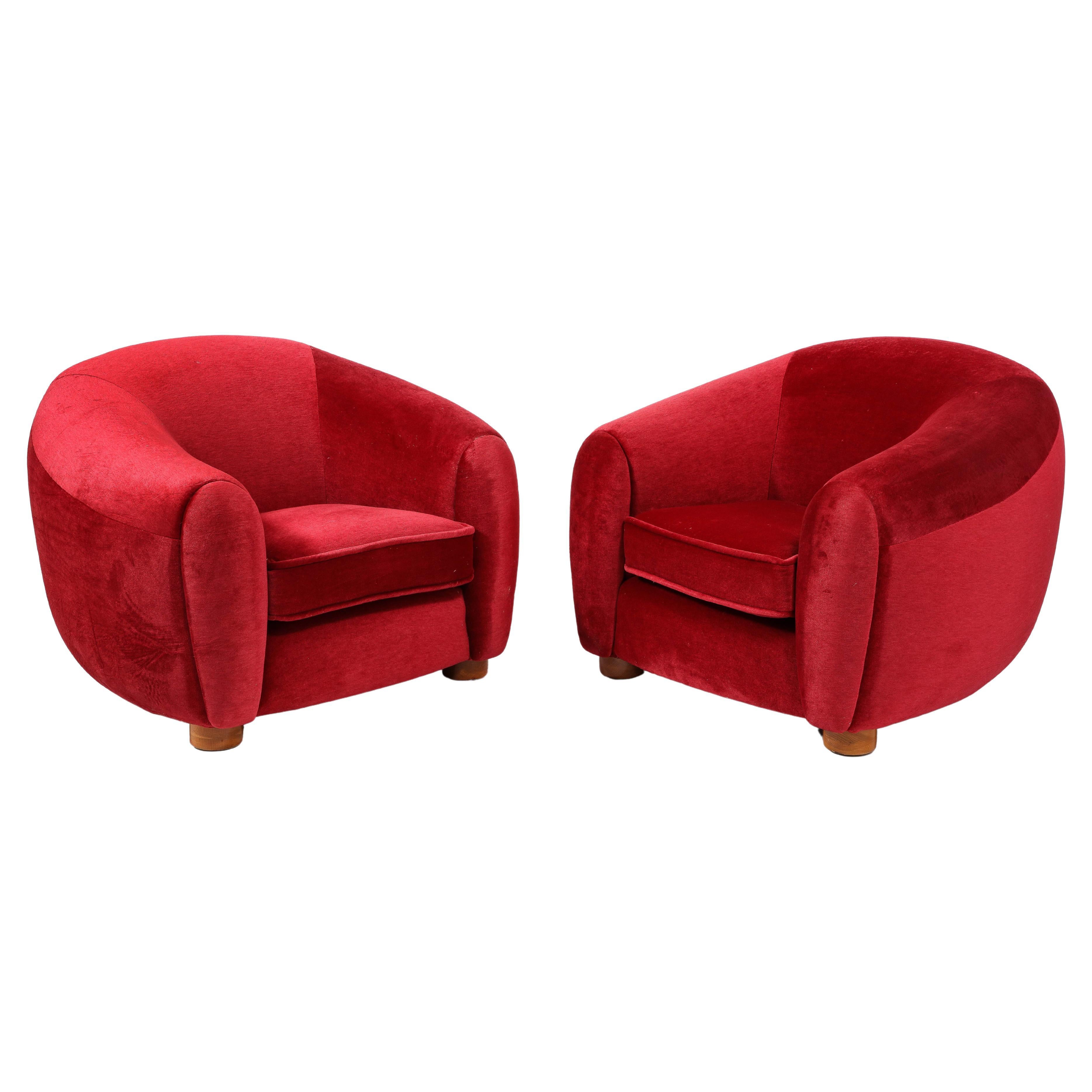 Red Mohair Chairs After Jean Royere. France 1970's For Sale at 1stDibs