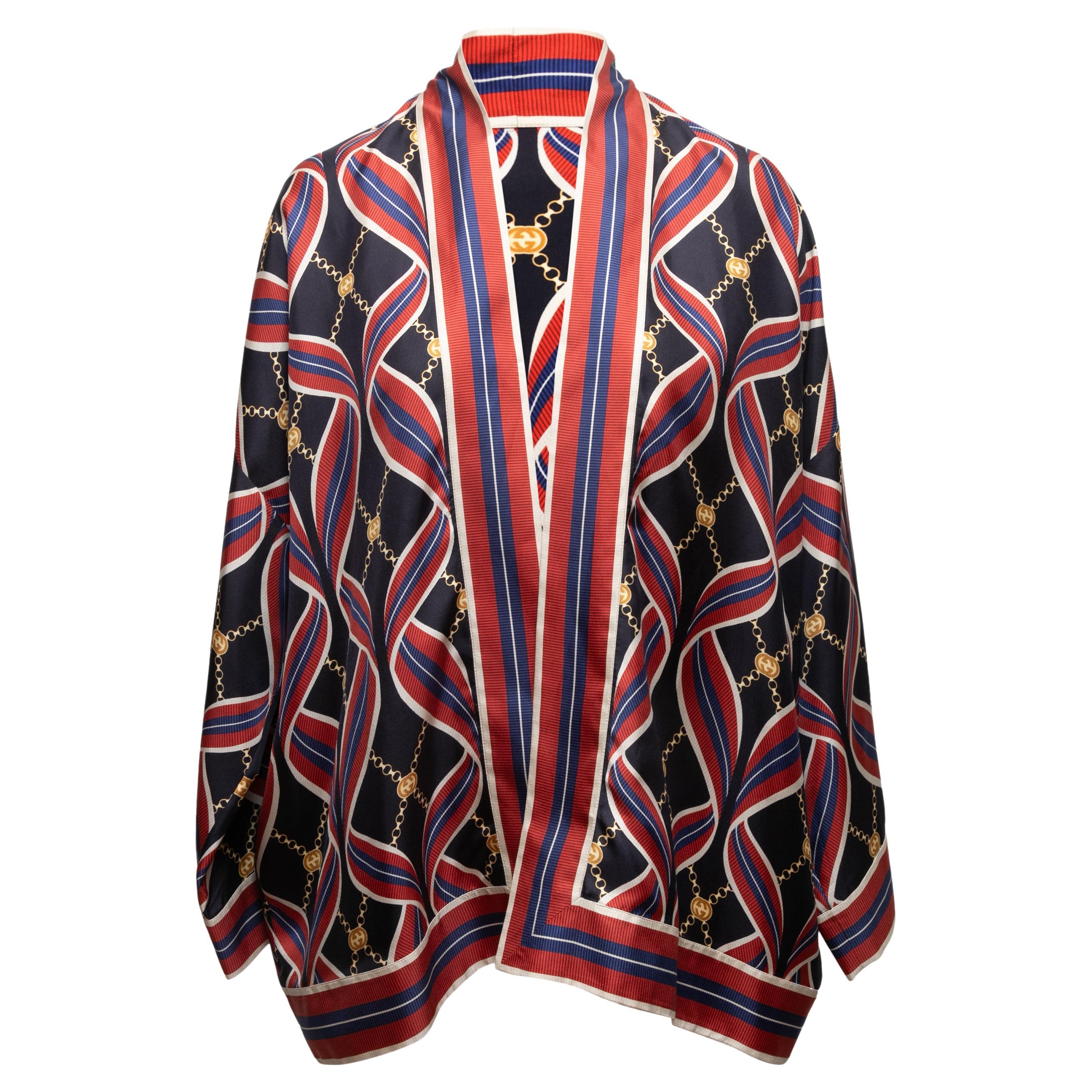 Red and Multicolor Gucci Silk Chain Print Blouse For Sale at 1stDibs