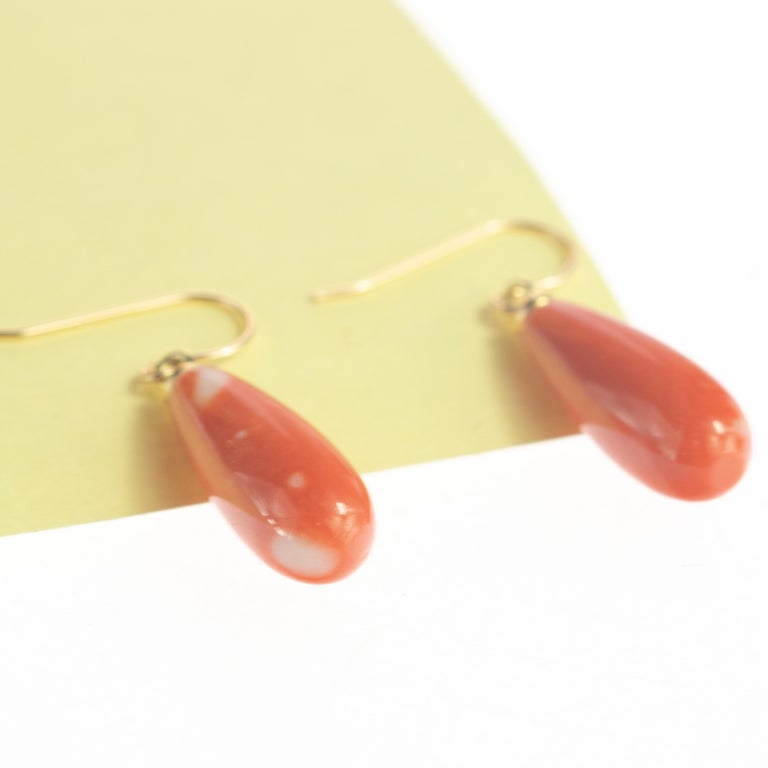 Red Natural Coral Bold Tear Drop 18 Karat Yellow Gold Dangle Ear Wires ...