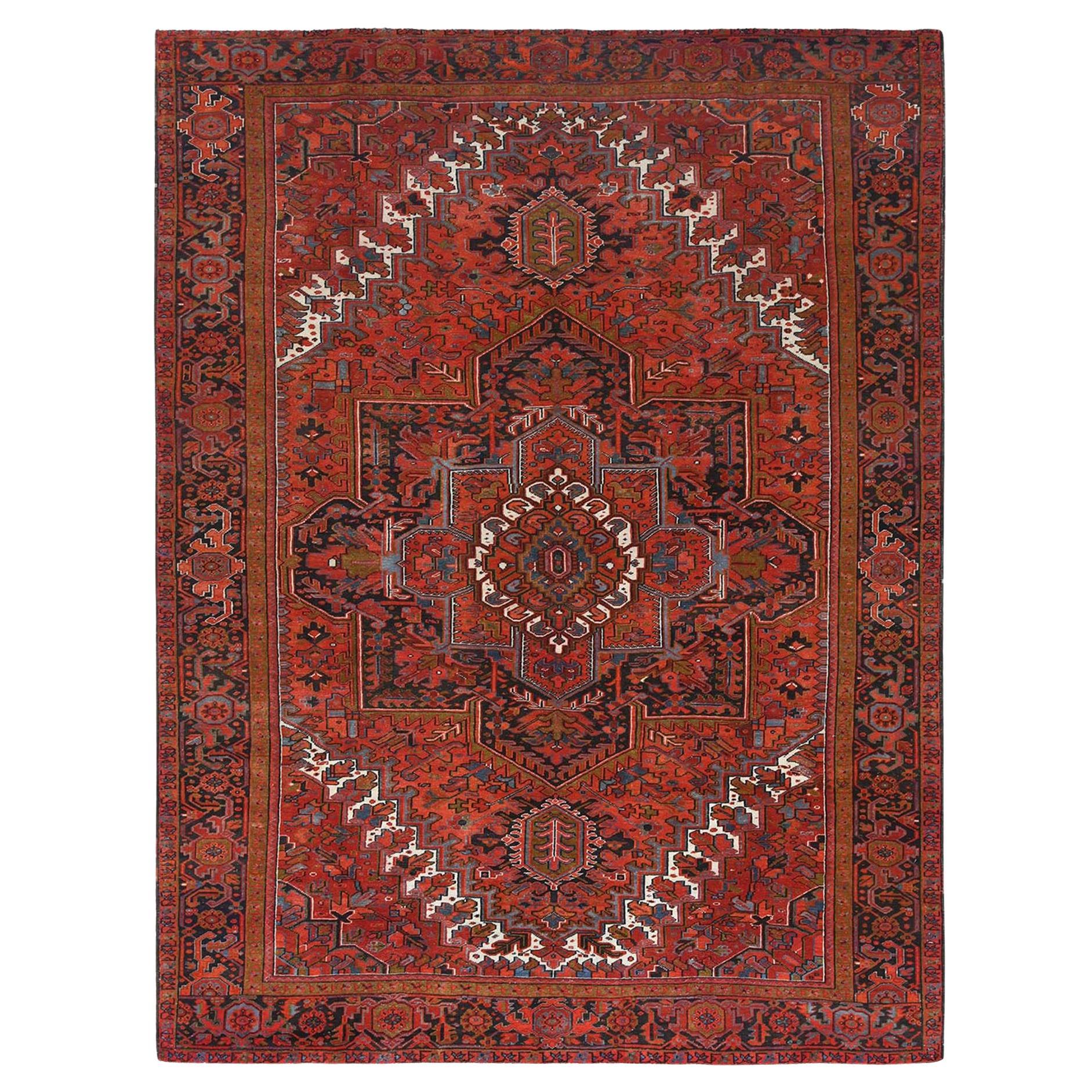 Red Hand Knotted Cleaned Vintage Persian Heriz Worn Down with Rustic ...