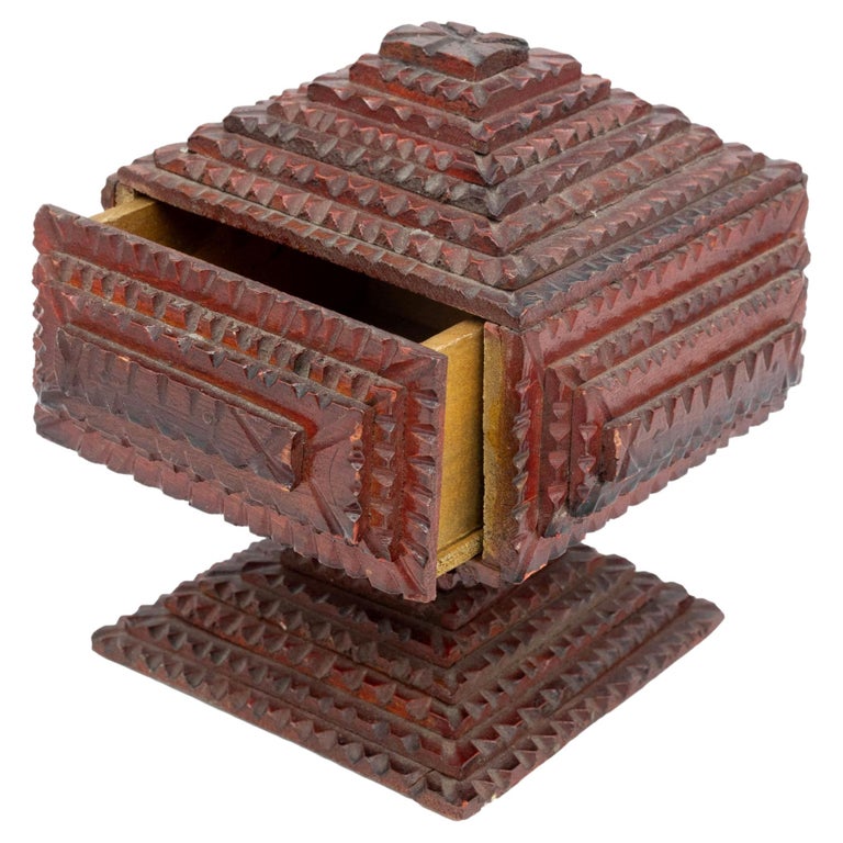 Red Painted Tramp Art Pedestal Box with Cigar Drawer, ca. 1920 at 1stDibs