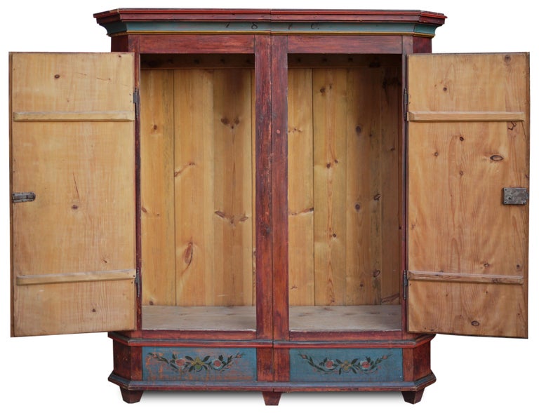 Red Painted Wardrobe with Flowers, 1810, Central Europe For Sale at 1stDibs