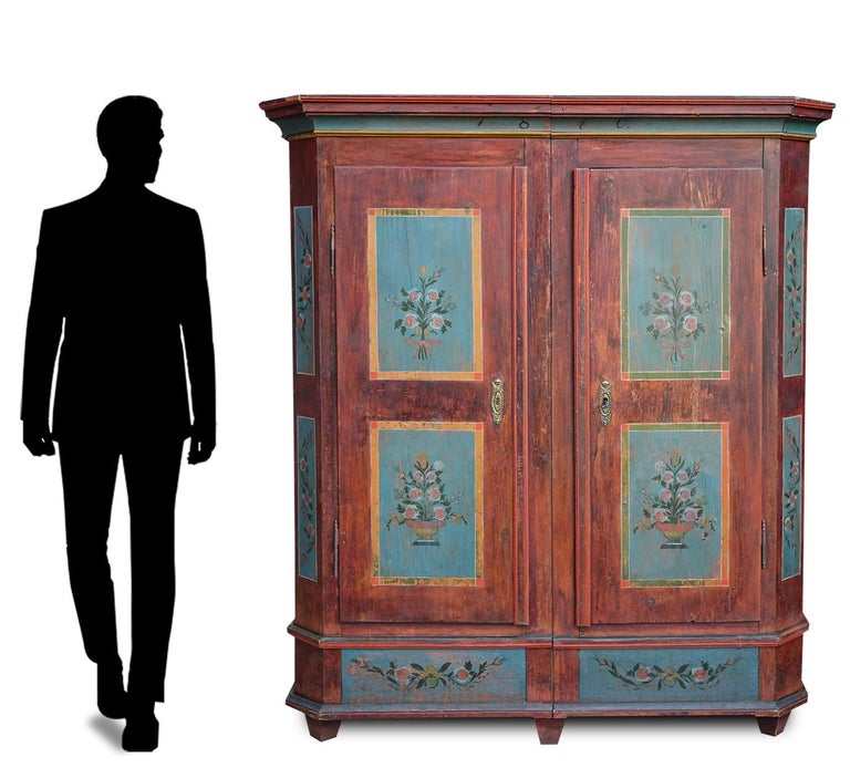 Red Painted Wardrobe with Flowers, 1810, Central Europe For Sale at 1stDibs