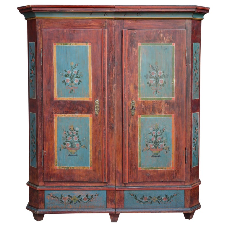 Red Painted Wardrobe with Flowers, 1810, Central Europe For Sale at 1stDibs
