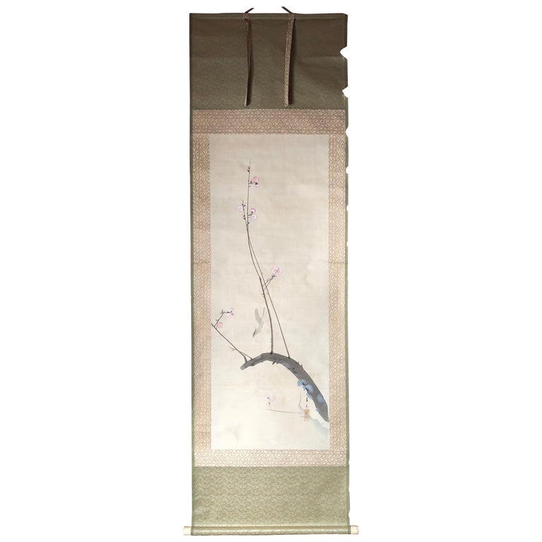 Red Plum Nightingale Japanese Antique Hand Painted Silk Scroll, Taisho ...