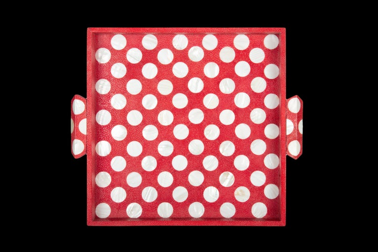 Red Polka Dot Shagreen and Mother of Pearl Square Tray For Sale at 1stDibs