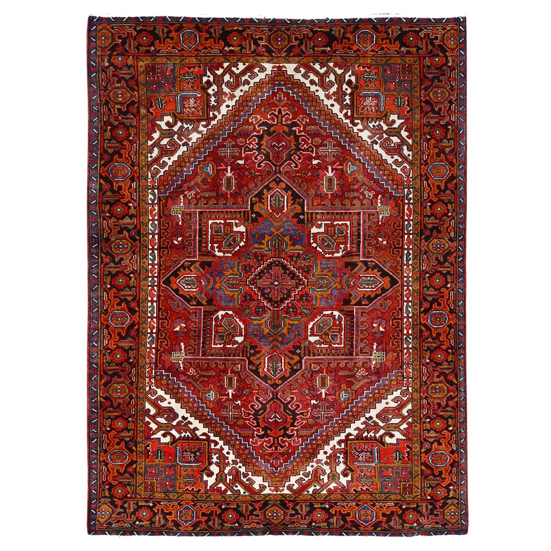 Red Pure Wool Hand Knotted Old Persian Heriz Geometric Pattern Rustic ...