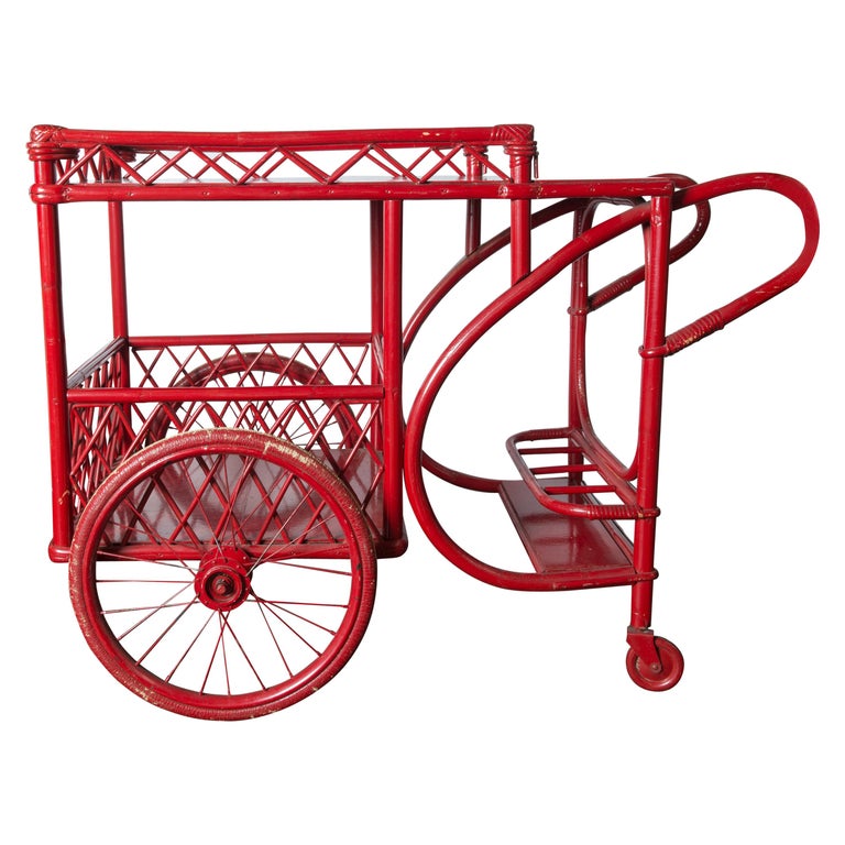Red Rattan Bar Cart For Sale at 1stDibs