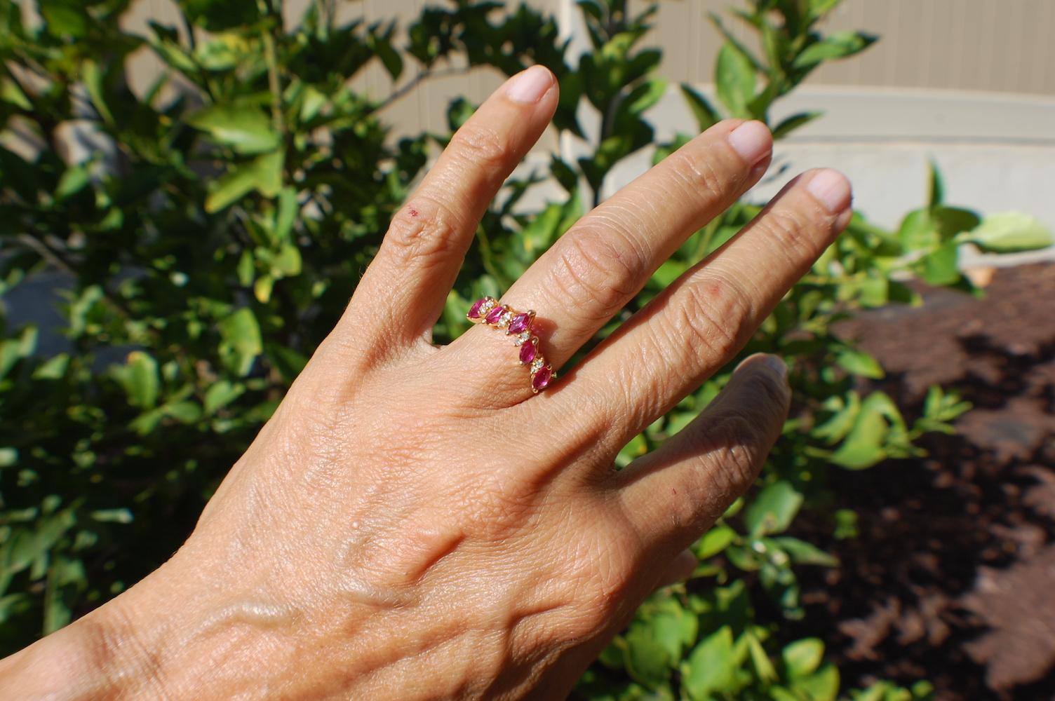 Red Ruby and Diamond 'V' Shaped Ring Set in 14 Karat Yellow Gold For ...