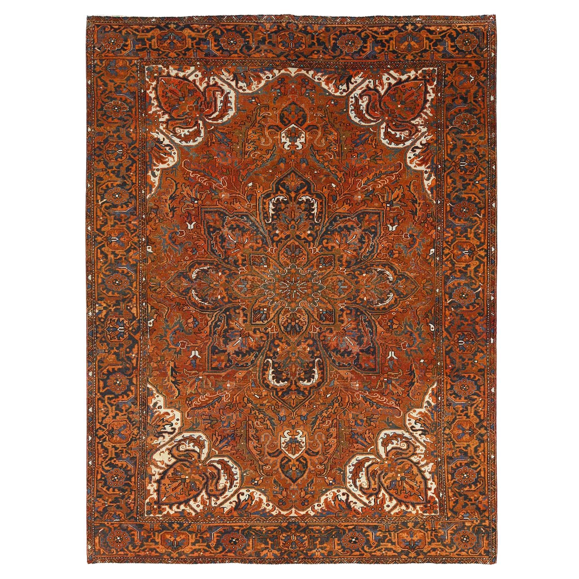Red Hand Knotted Cleaned Vintage Persian Heriz Worn Down with Rustic ...