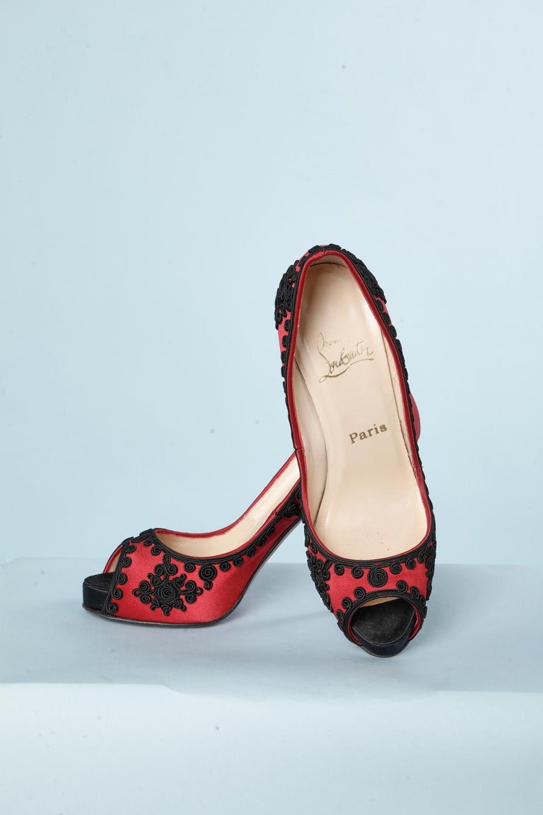 Red satin open-toe pump with black passementerie Christian Louboutin ...