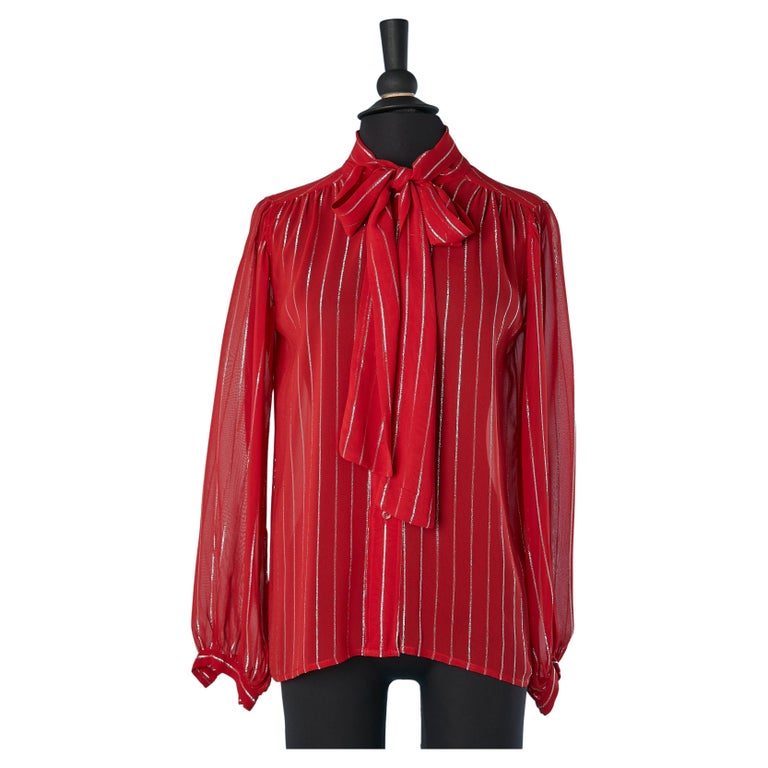 Red see-through shirt with silver lurex stripe and bow Saint Laurent ...