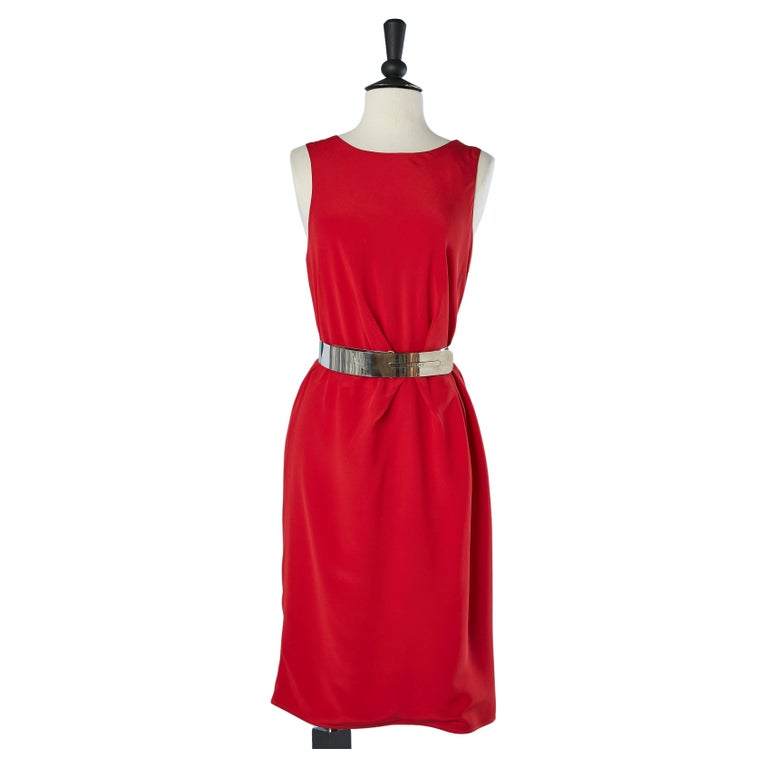 Red Silk Cocktail Dress With Metallic Branded Belt Versace For Sale At 1stdibs