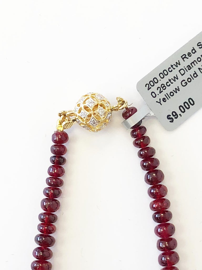 Red Spinel Beads with White Diamond Net Style Clasp in 18 Karat Yellow ...