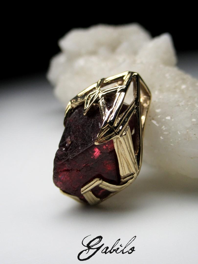 Red Spinel Crystal 18K Yellow Gold Pendant Dark Cherry Natural Raw ...