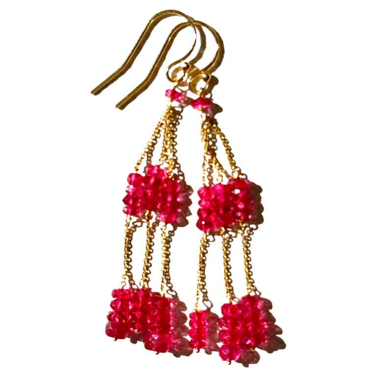 Red Spinel Dangling Earrings 14 Karat Yellow Gold For Sale at 1stDibs