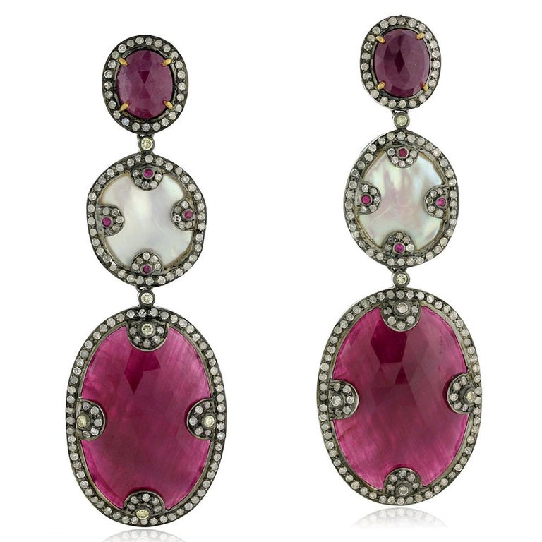 Three Tier Ruby and Pearl Earrings With Diamonds Made In 18k Gold and ...