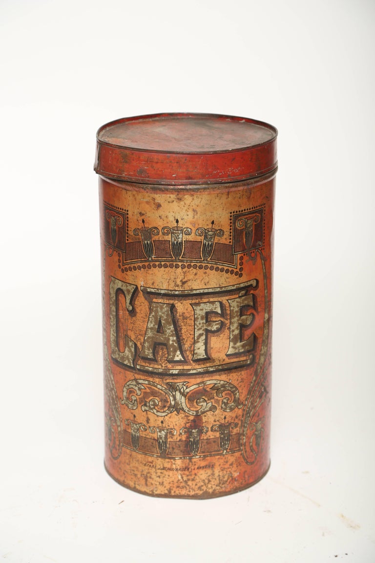 Grouping of Belgian Red Tôle Coffee Tins-Art Nouveau Advertising-c ...