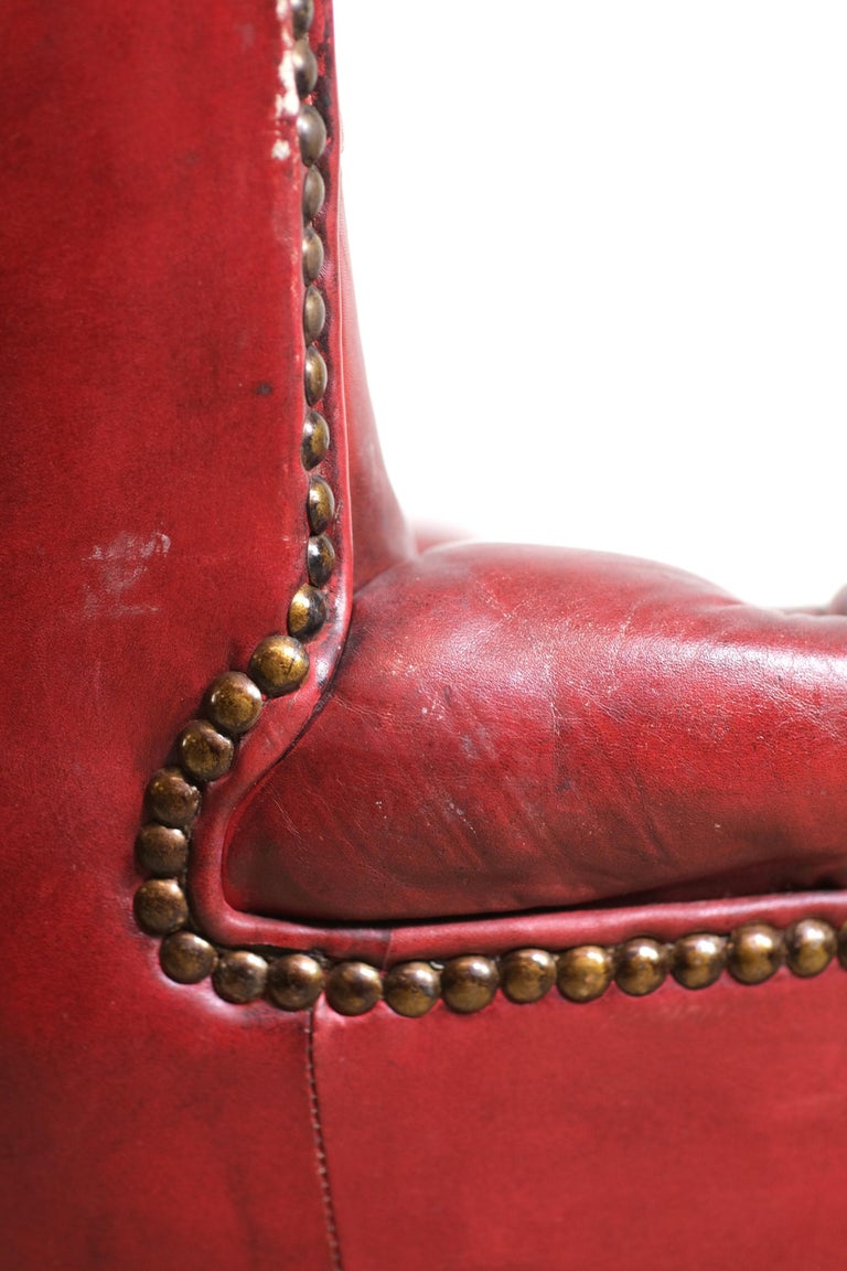 Red Tufted Leather Club Chair Turned Wood Legs Dark Stain For Sale at ...