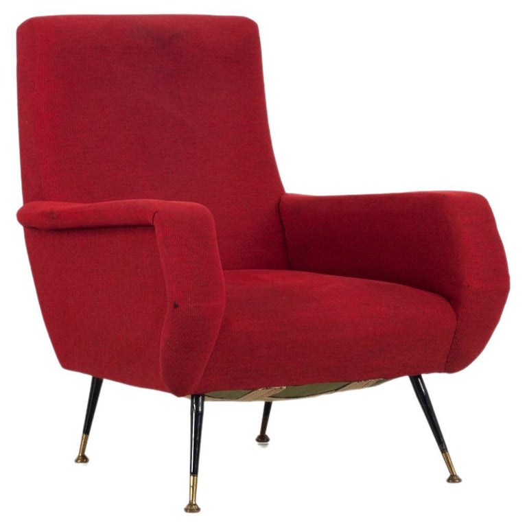 Red Upholstered Armchair with Metal Base, Brass Elements, 1950s For ...