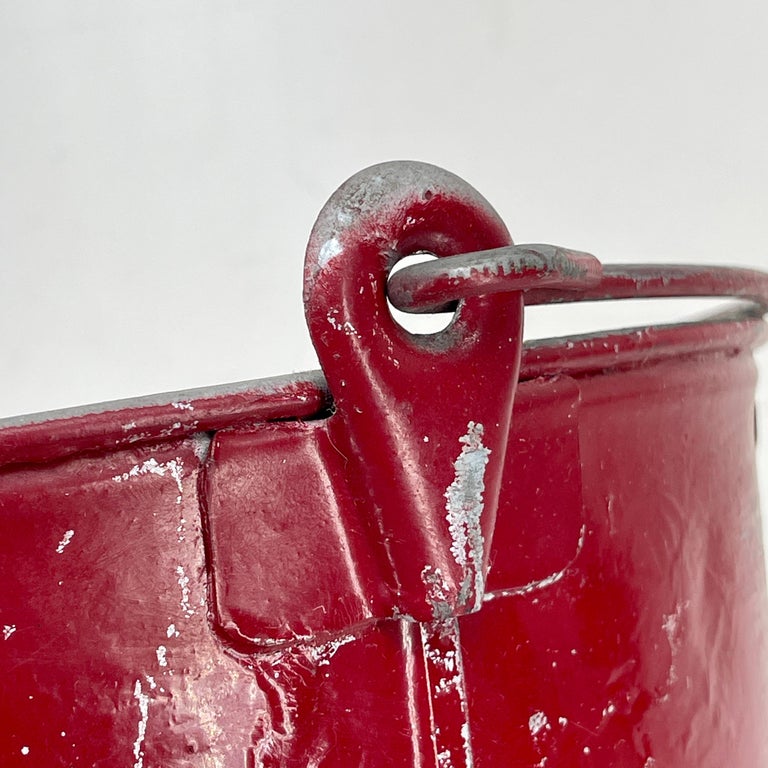 Red Vintage Metal Fire Bucket Waste Basket or Trash Can For Sale at 1stDibs