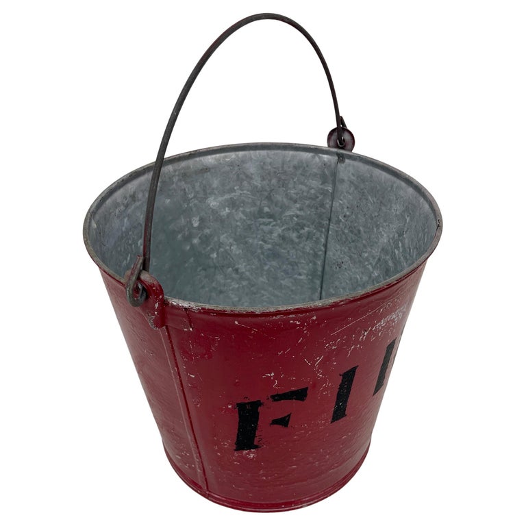Red Vintage Metal Fire Bucket Waste Basket or Trash Can For Sale at 1stDibs
