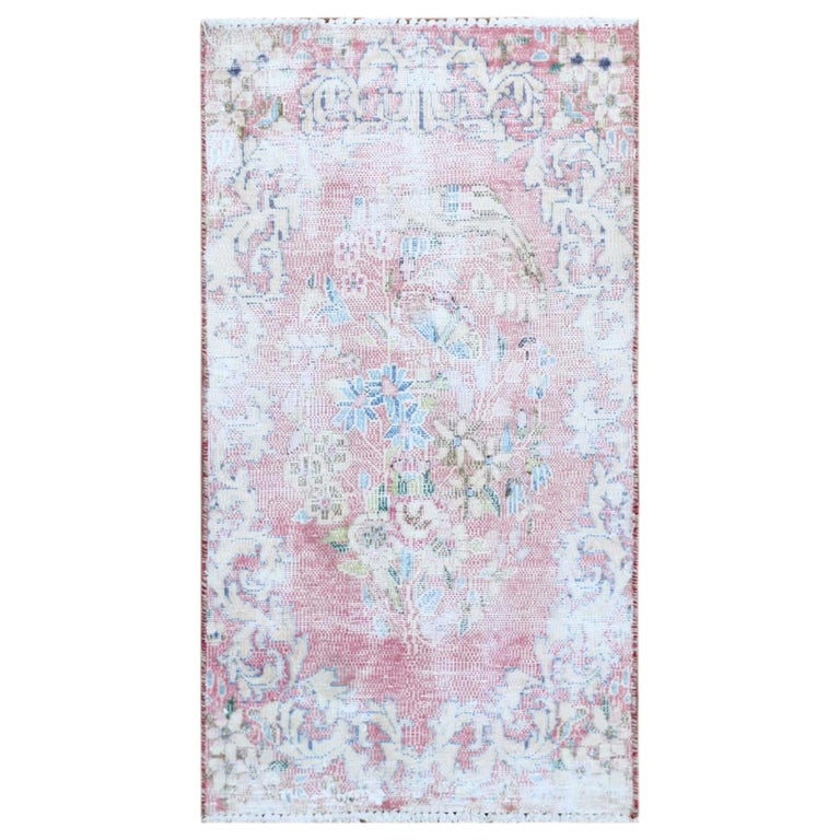 Red Washed Out Vintage Persian Kerman Sheared Low Pile Wool Hand ...