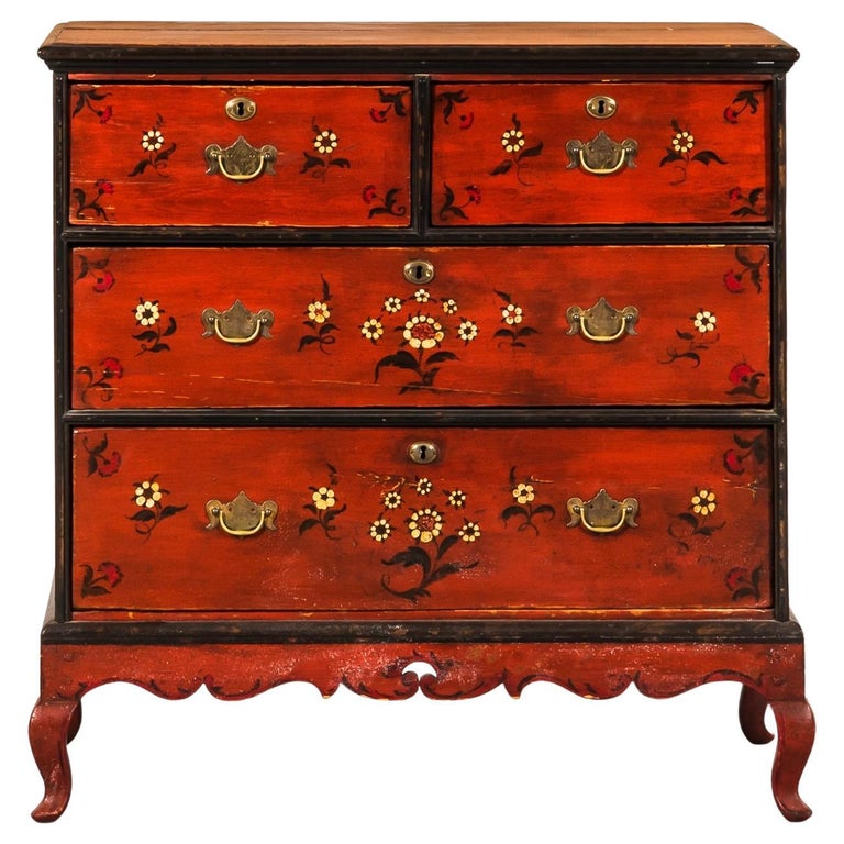 Red, White Cream and Black Floral Painted Queen Anne Style Chest of ...