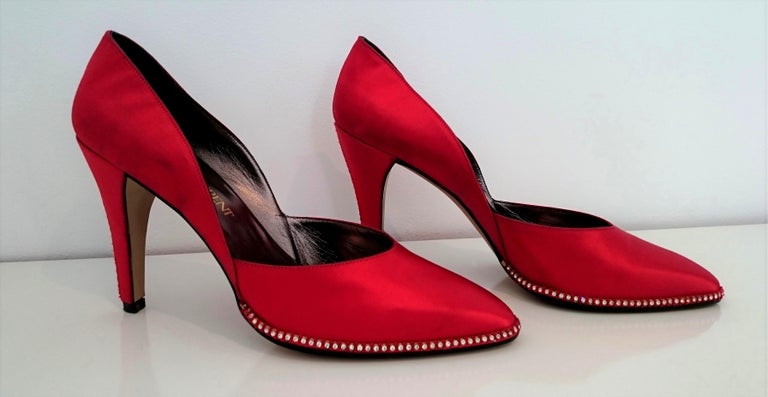 Red Yves Saint Laurent Silk Heels Embroidered with Swarovski For Sale ...
