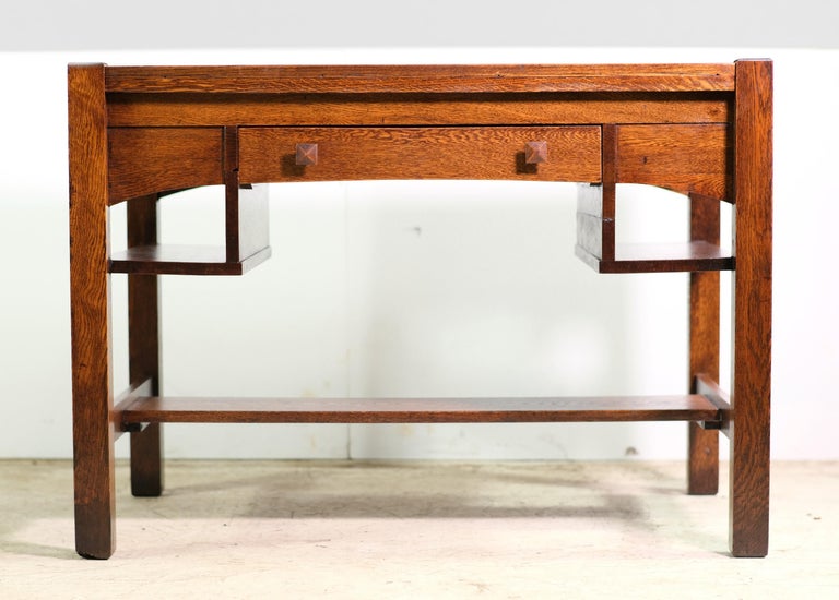 Redone Arts and Crafts Oak Desk w Drawer + Shelves Tiger Oak For Sale ...