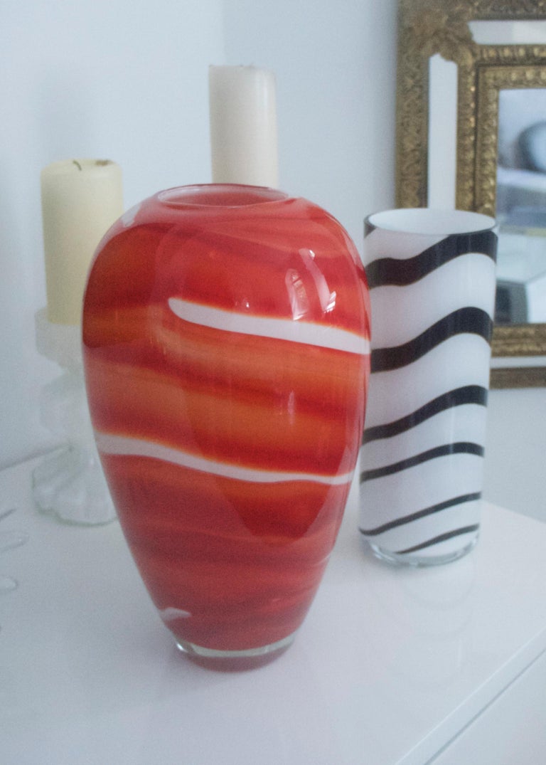 Red Orange And White Murano Venetian Mcm Glass Vase Style Of Barbini