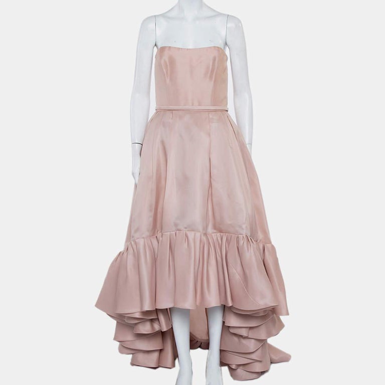 Reem Acra Pink Silk Ruffled Asymmetric Hem Strapless Gown M For Sale at ...