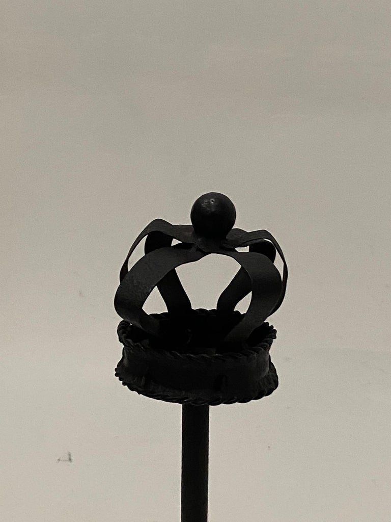 Regal Pair of Black Cast Iron Crown Motife Andirons For Sale at 1stDibs