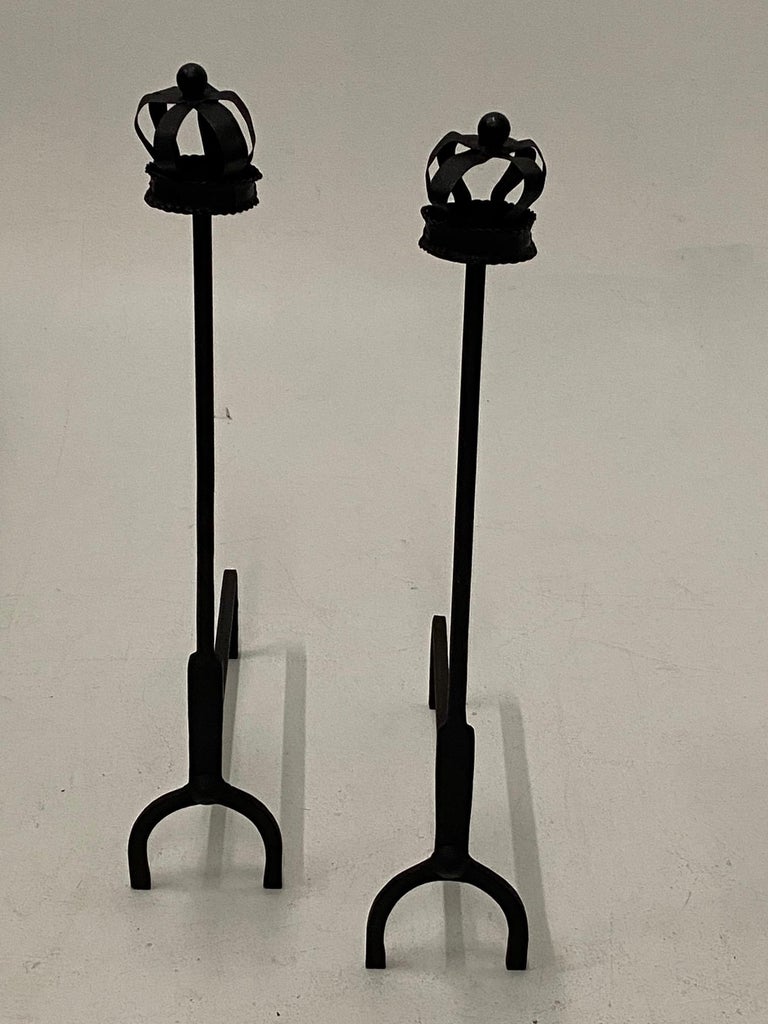 Regal Pair of Black Cast Iron Crown Motife Andirons For Sale at 1stDibs
