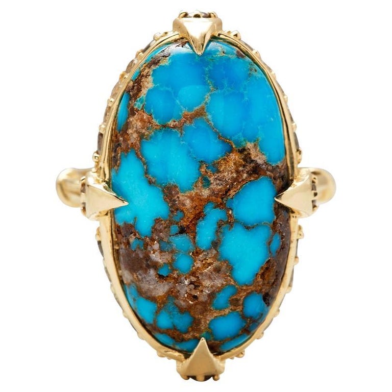 Regal Renaissance 14k gold Turquoise Ring with Side Halo of Brown ...
