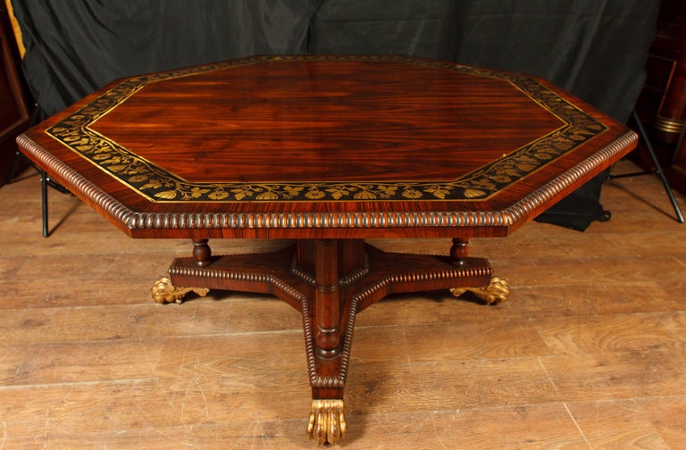 Regency Centre Table Dining Brass Inlay Octagonal For Sale at 1stDibs