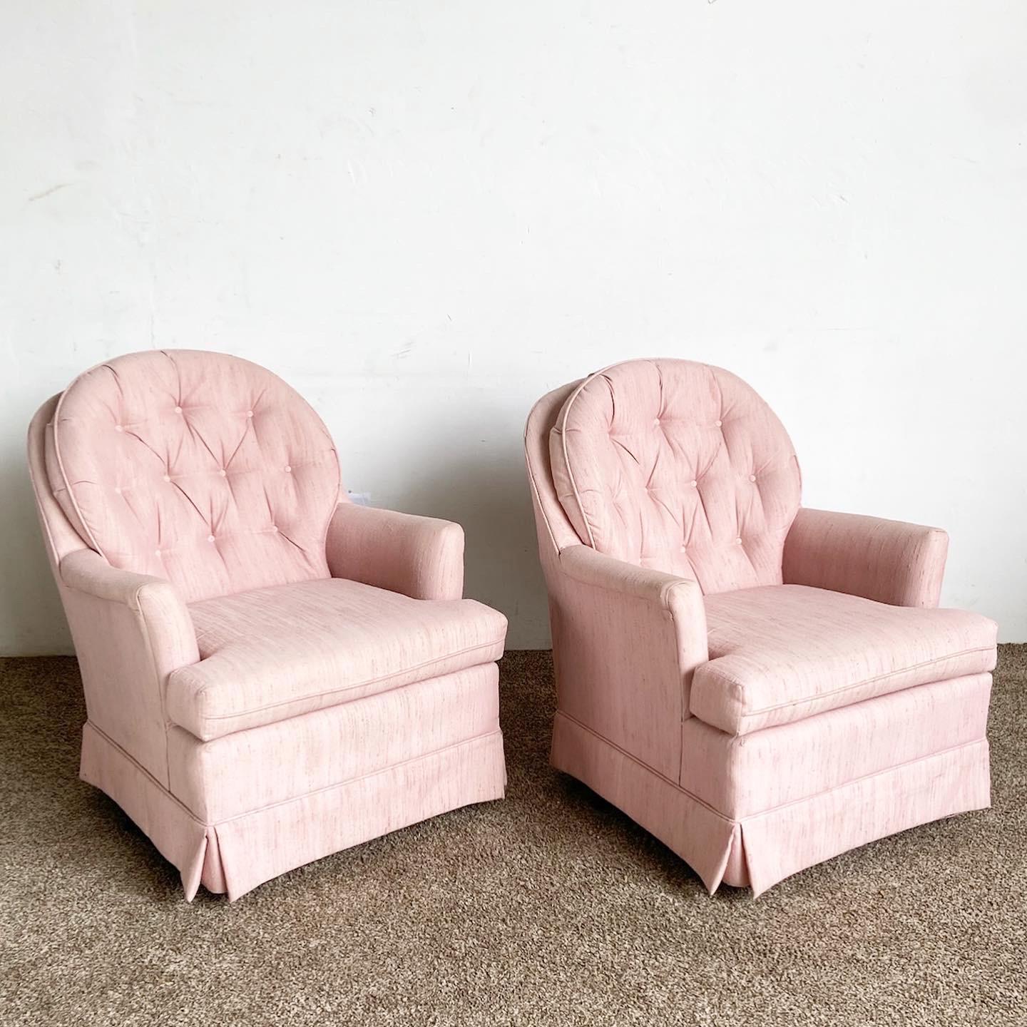 Regency Chic Pink Tufted Swivel Lounge Chairs - a Pair For Sale at 1stDibs