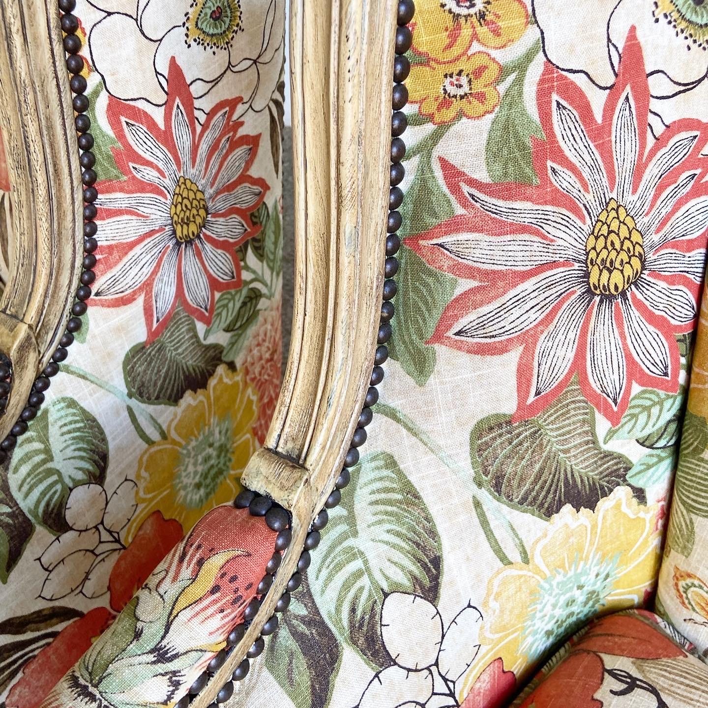 Regency Floral Fabric Sculpted Wingback Chairs - a Pair For Sale at 1stDibs