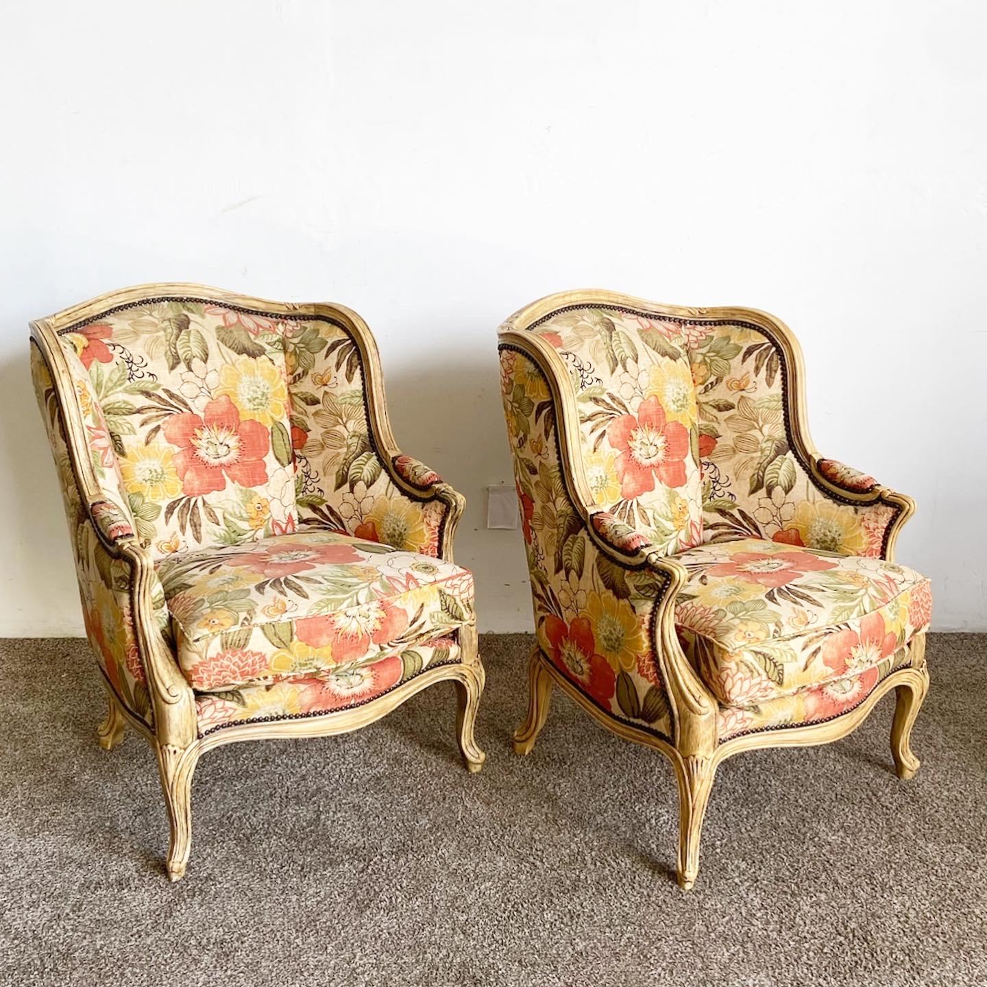 Regency Floral Fabric Sculpted Wingback Chairs - a Pair For Sale at 1stDibs
