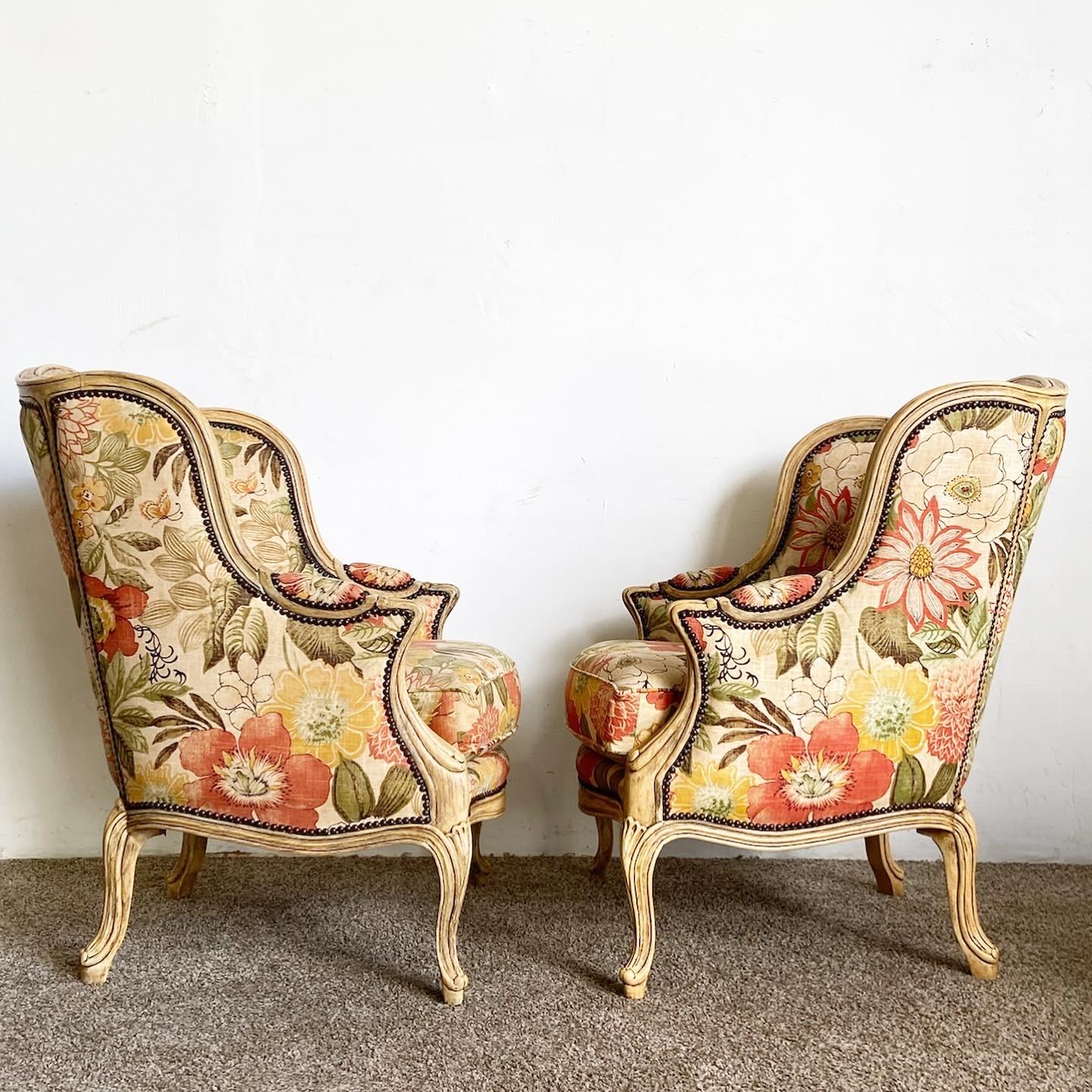 Regency Floral Fabric Sculpted Wingback Chairs - a Pair For Sale at 1stDibs