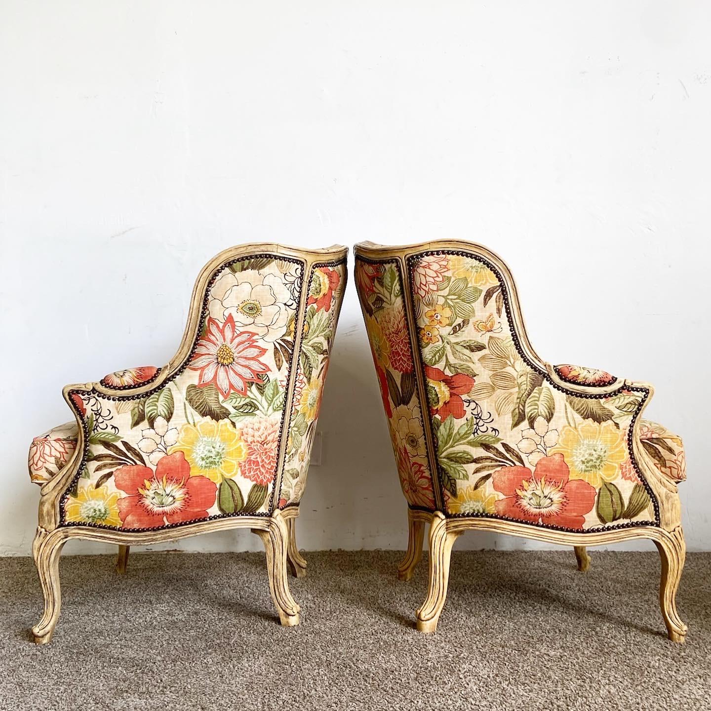 Regency Floral Fabric Sculpted Wingback Chairs - a Pair For Sale at 1stDibs
