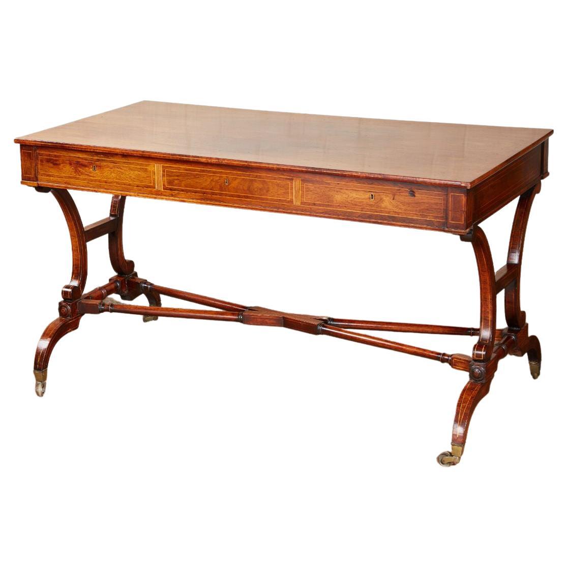 Regency Rosewood and Brass Inlaid Writing Table For Sale at 1stDibs